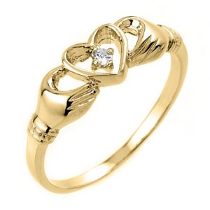 14k Yellow Gold Diamond Accent Solitaire Open Heart Claddagh Ring (J-K Color, I1-I2 Clarity)- Size 5