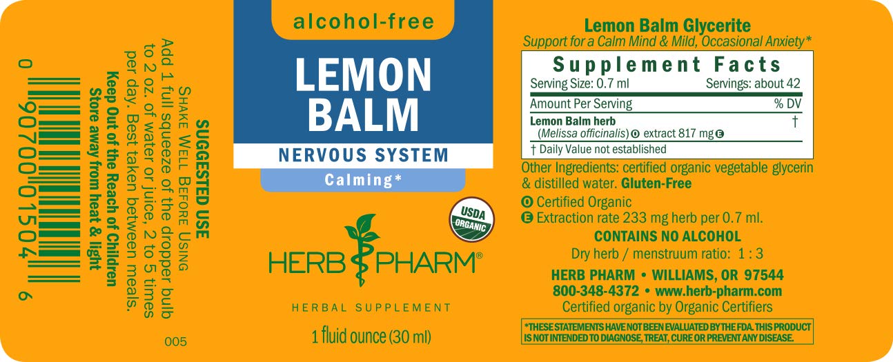 Herb Pharm Certified Organic Lemon Balm Liquid Extract for Calming Nervous System Support, Alcohol-Free Glycerite, 1 Oz