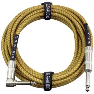 gls audio instrument cable - amp cord for bass & electric guitar - straight to right angle 1/4 inch instrument cable - brown/yellow braided tweed, 20ft