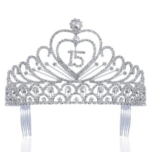 Janefashions Quinceanera Sweet 15 Fifteen 15th Birthday Party coronas de quinceañeras Clear White Austrian Rhinestone Tiara Crown with Hair Combs Princess Gold Silver T1756 (Silver With Combs)