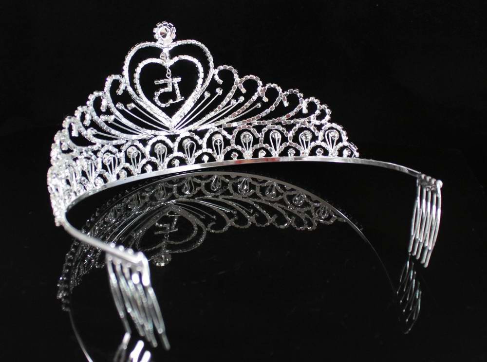 Janefashions Quinceanera Sweet 15 Fifteen 15th Birthday Party coronas de quinceañeras Clear White Austrian Rhinestone Tiara Crown with Hair Combs Princess Gold Silver T1756 (Silver With Combs)