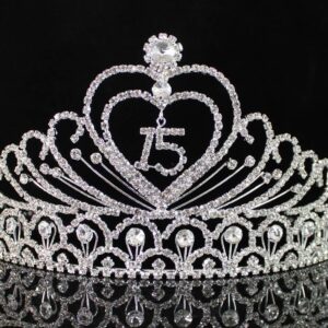 Janefashions Quinceanera Sweet 15 Fifteen 15th Birthday Party coronas de quinceañeras Clear White Austrian Rhinestone Tiara Crown with Hair Combs Princess Gold Silver T1756 (Silver With Combs)