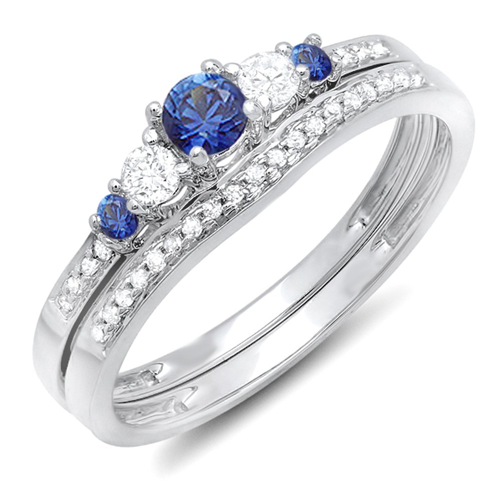 Dazzlingrock Collection 14K Blue Sapphire & White Diamond Women 5 Stone Bridal Engagement Ring Set, White Gold, Size 9.5