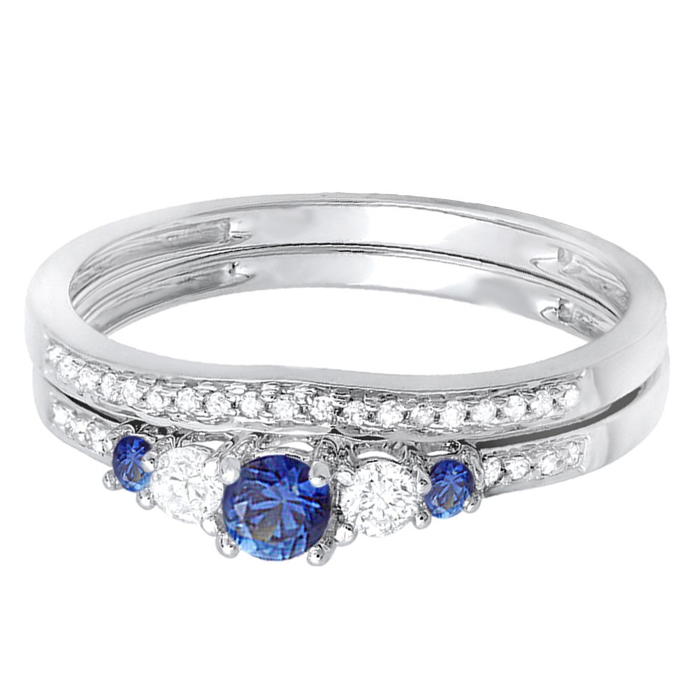 Dazzlingrock Collection 14K Blue Sapphire & White Diamond Women 5 Stone Bridal Engagement Ring Set, White Gold, Size 9.5