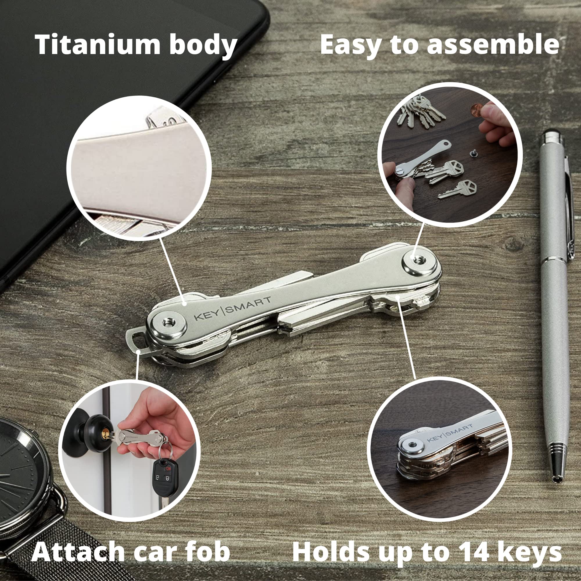 KEYSMART Key Holder for Keychain Key Ring - Compact Key Organizer Key Chain Key Case, Minimalist Pocket-Sized EDC Keychain, Loop Piece for Car Fobs, Expandable (up to 14 Keys, Titanium)