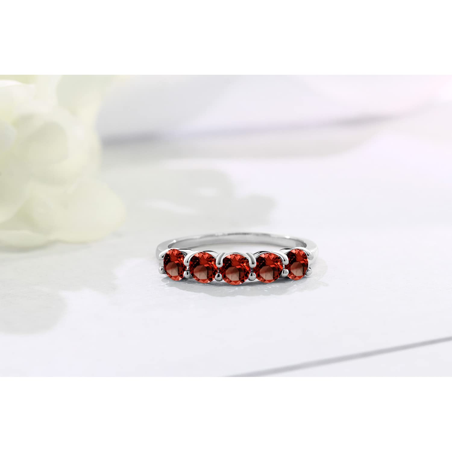 Gem Stone King 925 Sterling Silver Red Garnet 5 Stone Band Ring For Women (1.85 Cttw, Gemstone Birthstone, Round 4MM, Available 5,6,7,8,9) (Size 8)