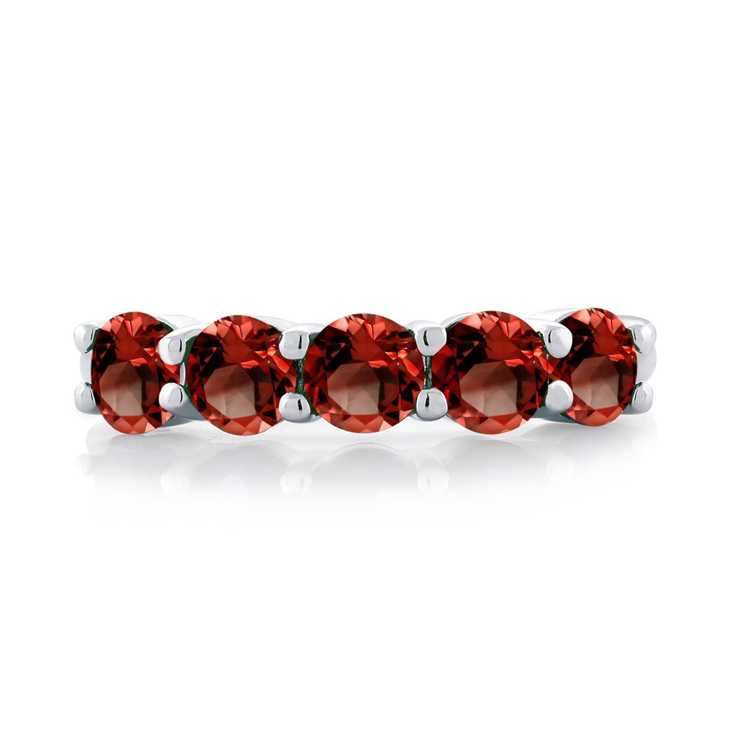 Gem Stone King 925 Sterling Silver Red Garnet 5 Stone Band Ring For Women (1.85 Cttw, Gemstone Birthstone, Round 4MM, Available 5,6,7,8,9) (Size 8)