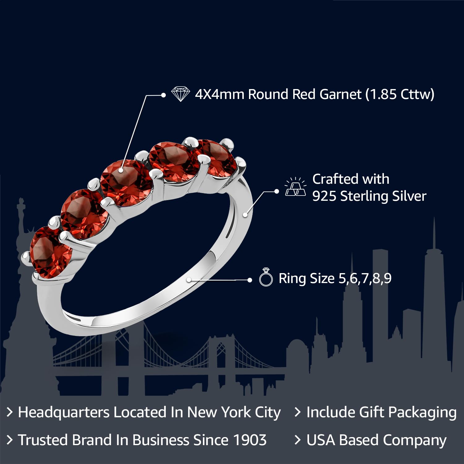 Gem Stone King 925 Sterling Silver Red Garnet 5 Stone Band Ring For Women (1.85 Cttw, Gemstone Birthstone, Round 4MM, Available 5,6,7,8,9) (Size 8)