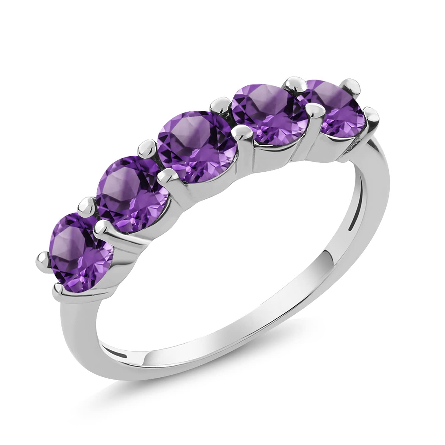 Gem Stone King 925 Sterling Silver Purple Amethyst 5-Stone Band Ring For Women (1.25 Cttw, Round 4MM, Gemstone Birthstone, Available In Size 5, 6, 7, 8, 9)