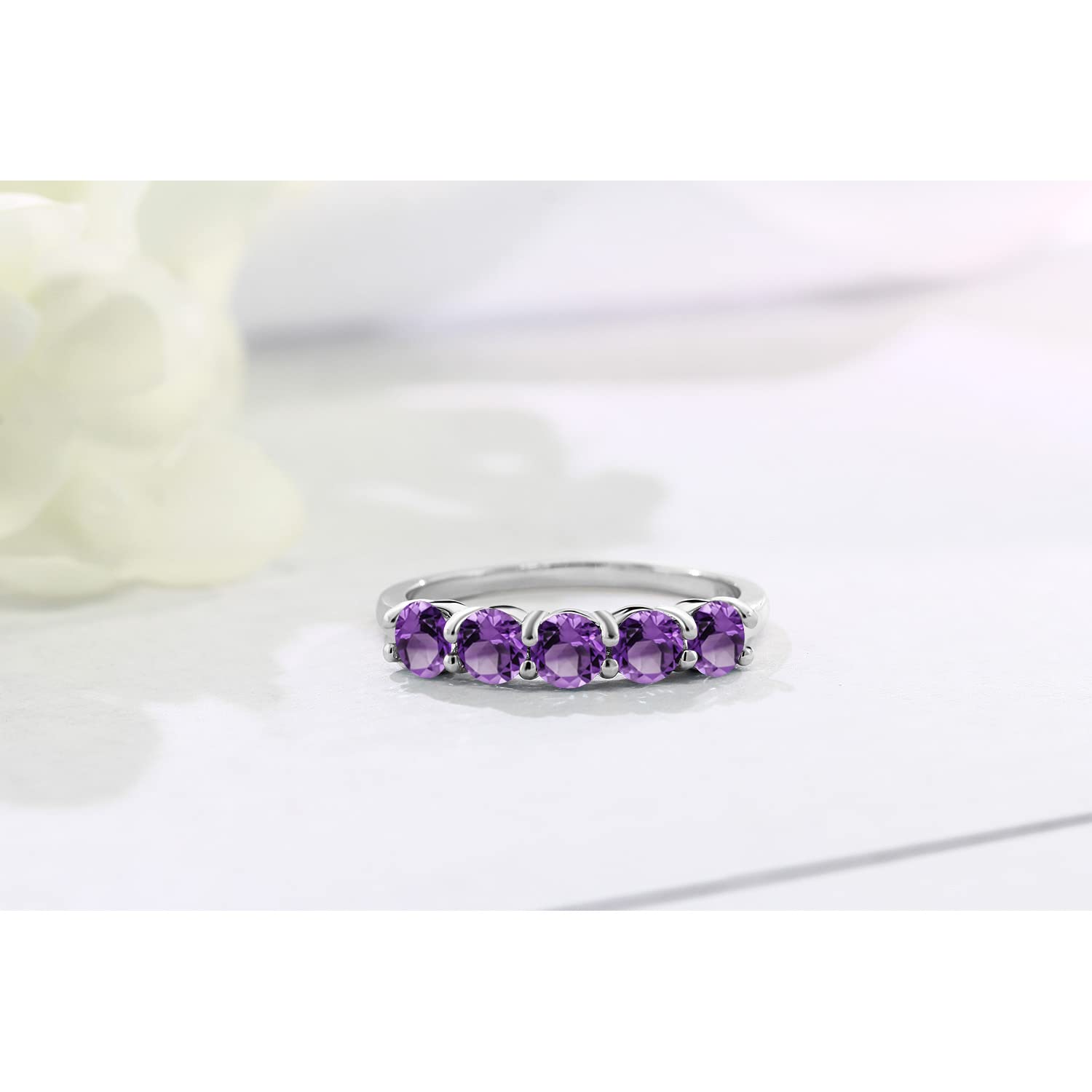 Gem Stone King 925 Sterling Silver Purple Amethyst 5-Stone Band Ring For Women (1.25 Cttw, Round 4MM, Gemstone Birthstone, Available In Size 5, 6, 7, 8, 9)