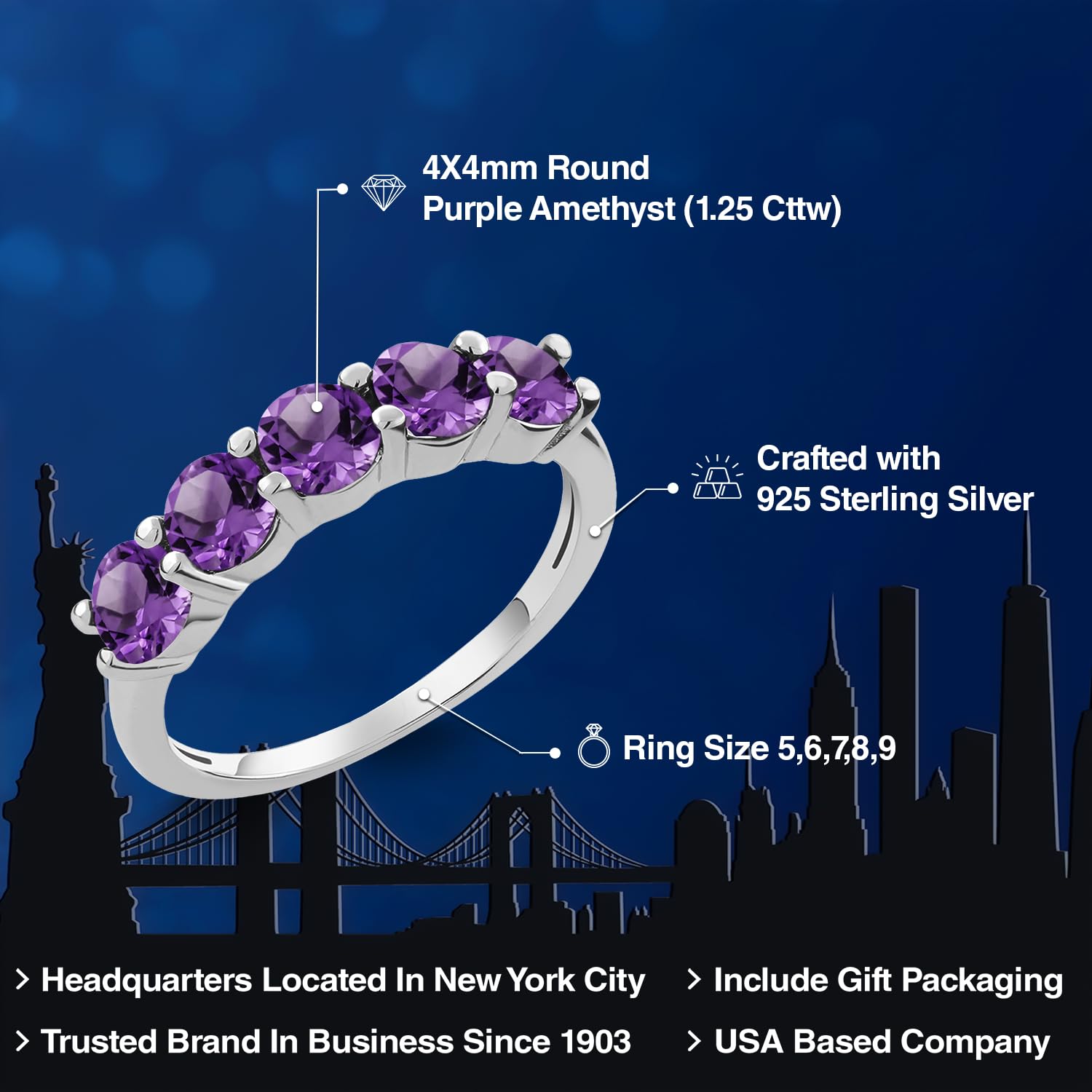 Gem Stone King 925 Sterling Silver Purple Amethyst 5-Stone Band Ring For Women (1.25 Cttw, Round 4MM, Gemstone Birthstone, Available In Size 5, 6, 7, 8, 9)