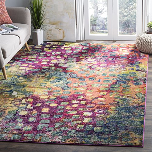 SAFAVIEH Monaco Collection Area Rug - 5'1" x 7'7", Pink & Multi, Boho Chic Abstract Watercolor Design, Non-Shedding & Easy Care, Ideal for High Traffic Areas in Living Room, Bedroom (MNC225D)