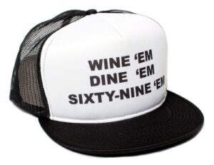 wine em dine sixty nine em 69 flat bill unisex-adult one-size trucker hat (black/white)