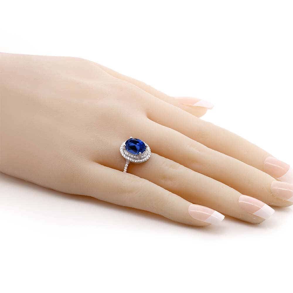 Gem Stone King 925 Sterling Silver Blue Created Sapphire Ring For Women (3.60 Cttw, Oval 9X7MM, Available In Size 5,6,7,8,9)