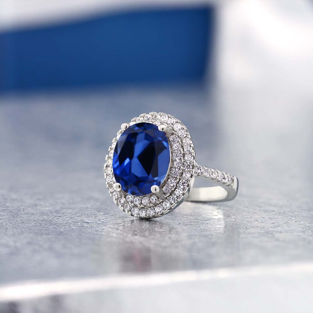 Gem Stone King 925 Sterling Silver Blue Created Sapphire Ring For Women (3.60 Cttw, Oval 9X7MM, Available In Size 5,6,7,8,9)