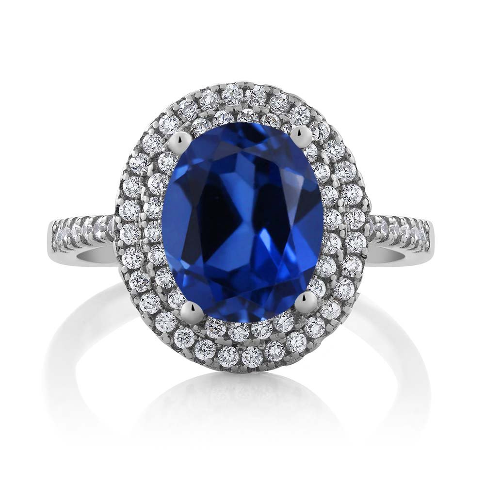 Gem Stone King 925 Sterling Silver Blue Created Sapphire Ring For Women (3.60 Cttw, Oval 9X7MM, Available In Size 5,6,7,8,9)