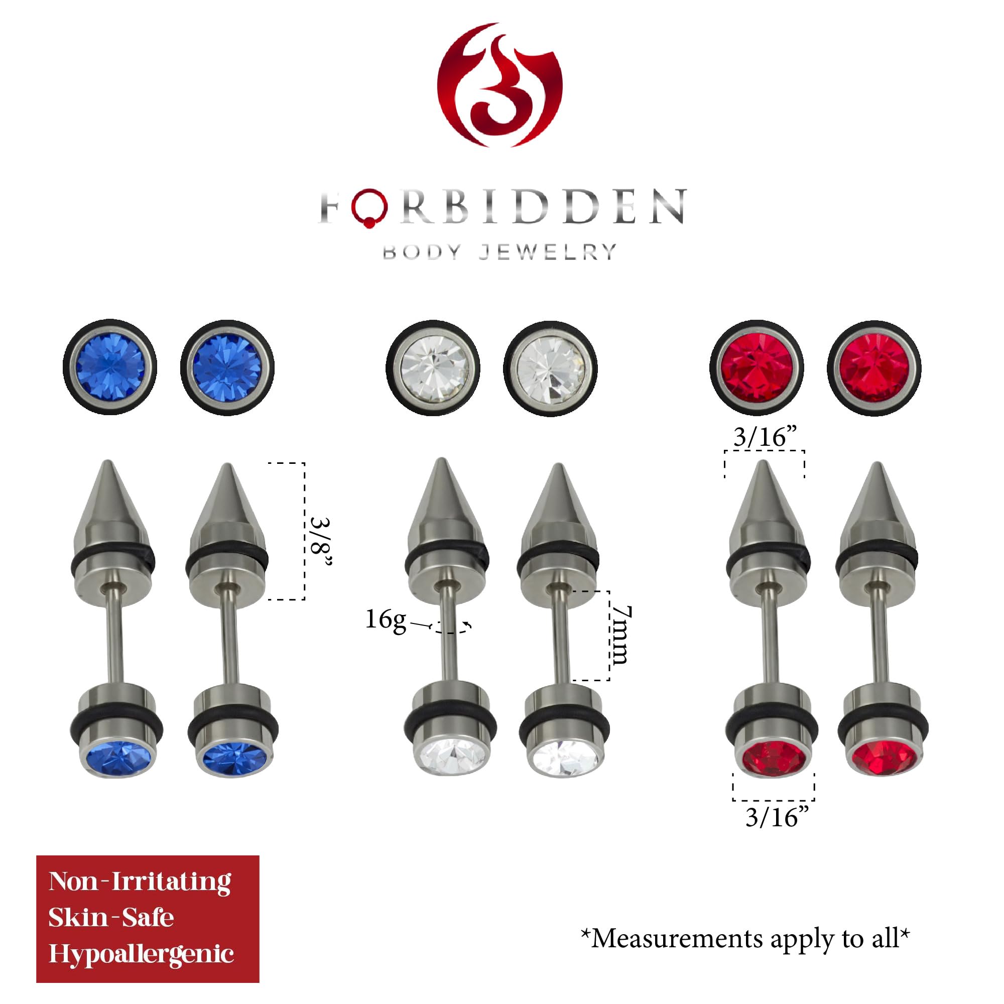 Forbidden Body Jewelry 3 Pairs of 16g 5mm Surgical Steel Spiked Cheater Plug Earrings with Black O-Rings and Crystals