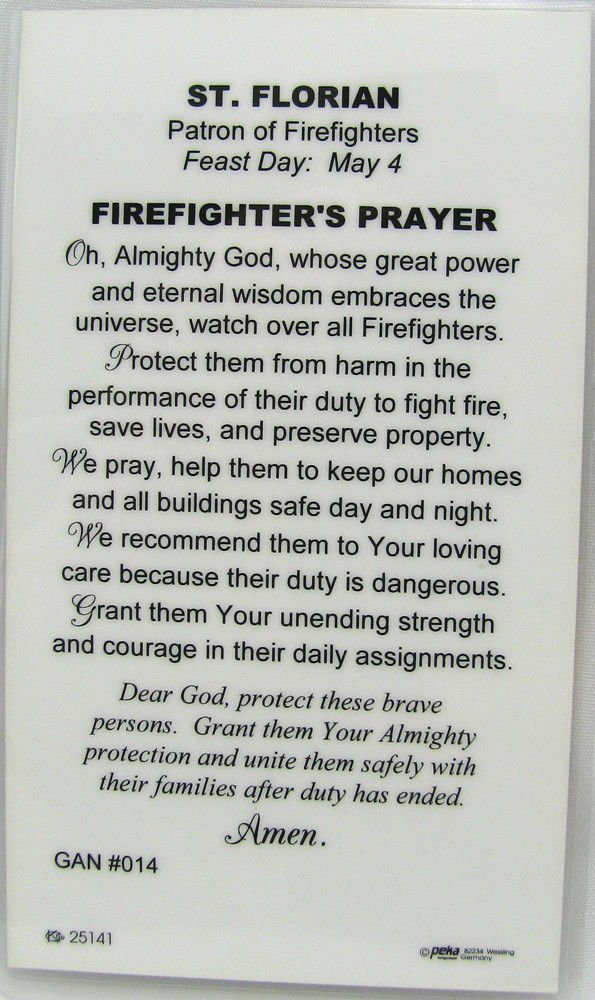 HJ Sherman St Florian Firefighters Service Necklace Badge Shaped with Holy Prayer Card