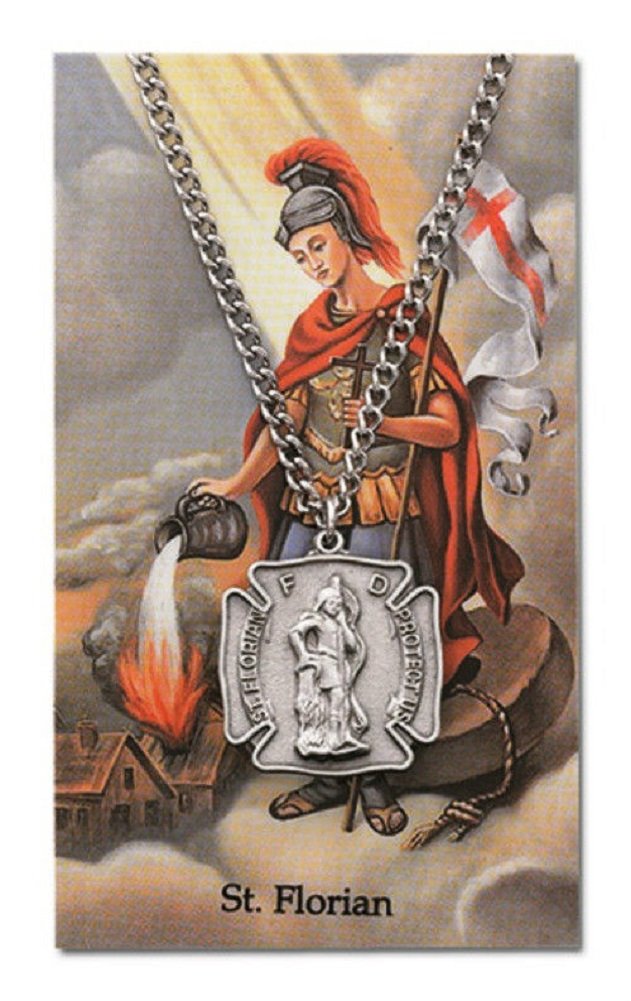 HJ Sherman St Florian Firefighters Service Necklace Badge Shaped with Holy Prayer Card