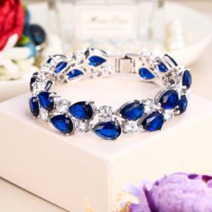 EVER FAITH Women's Prong Cubic Zirconia Vintage Style Dual Layer Tear Drop Bracelet Blue Silver-Tone