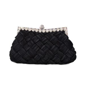 trendsblue elegant braided pleated glitter rhinestone clutch evening bag, black