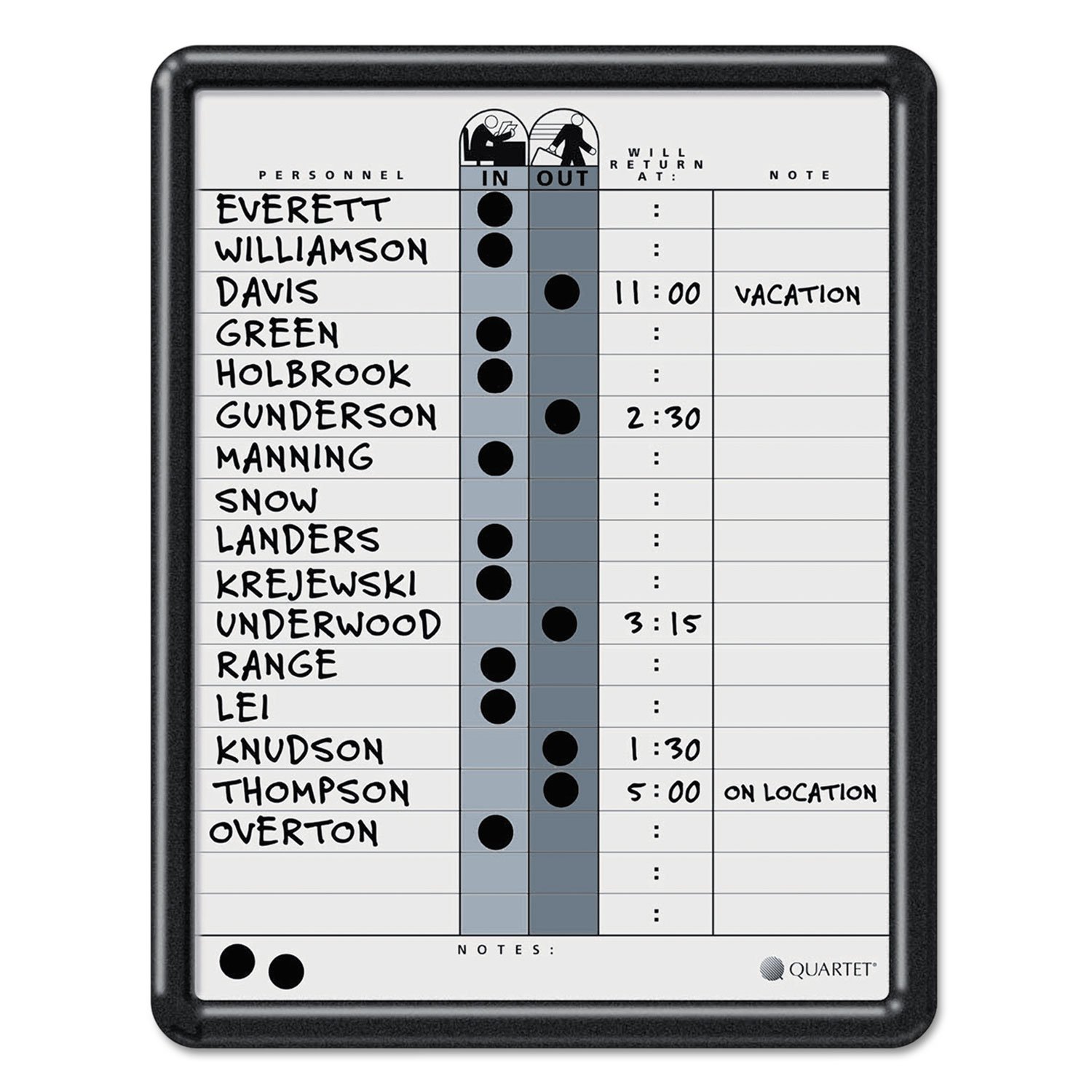 Quartet 750 Magnetic In/Out Board, 18 Name Cap, 11-Inch x14-Inch, White/Black