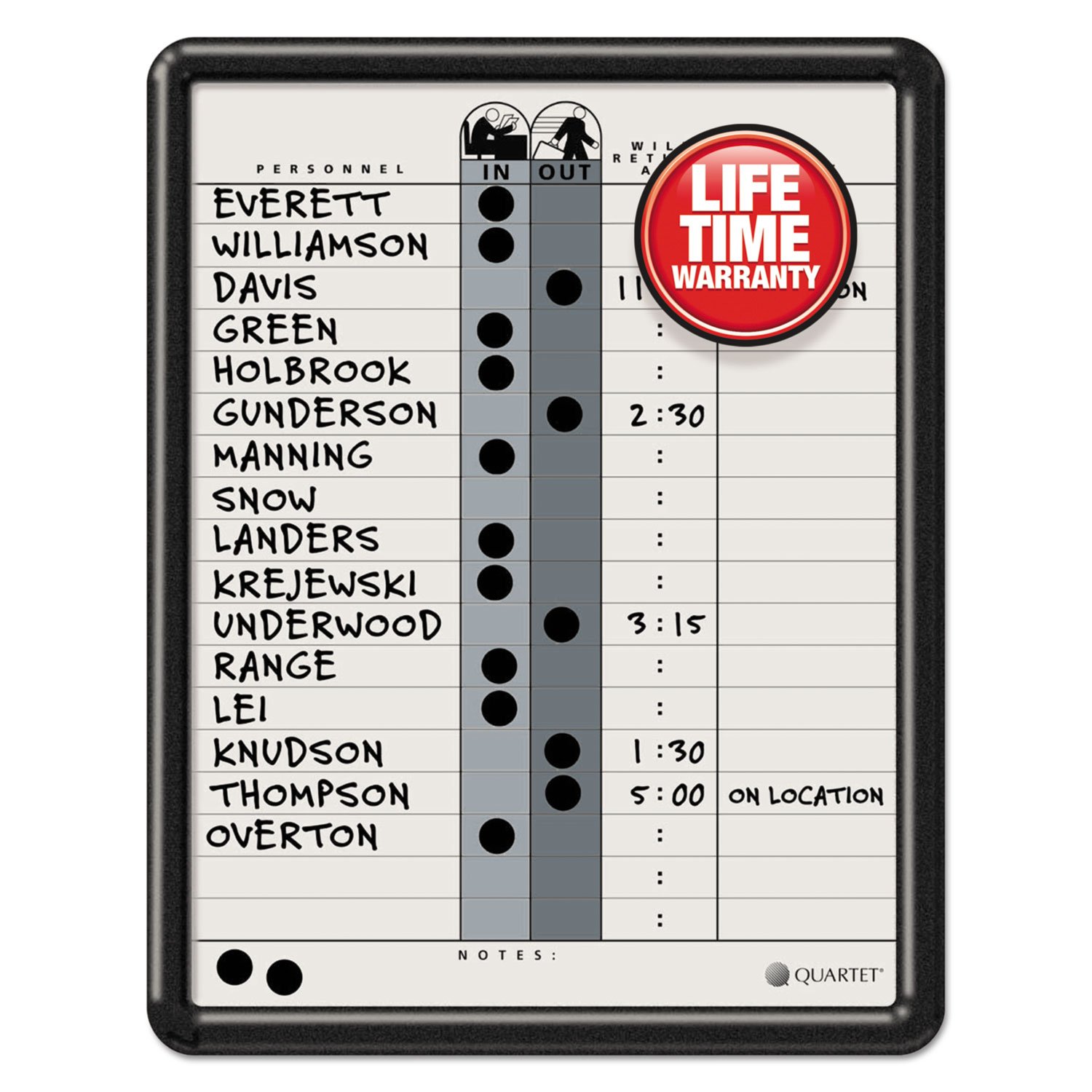 Quartet 750 Magnetic In/Out Board, 18 Name Cap, 11-Inch x14-Inch, White/Black