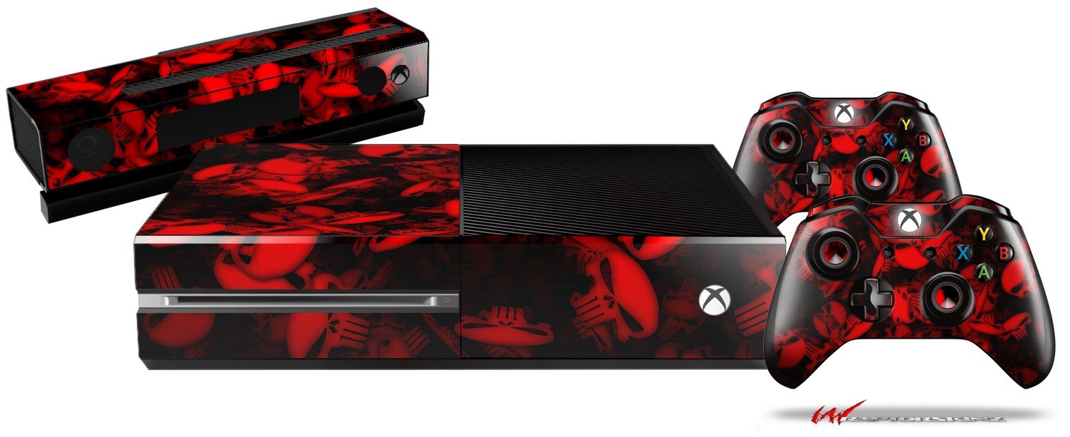 Skulls Confetti Red - Holiday Bundle WraptorSkinz Decal Style Vinyl Skin Wrap Compatible with Xbox One Original Console, Kinect and 2 Controllers (Gaming System NOT Included)