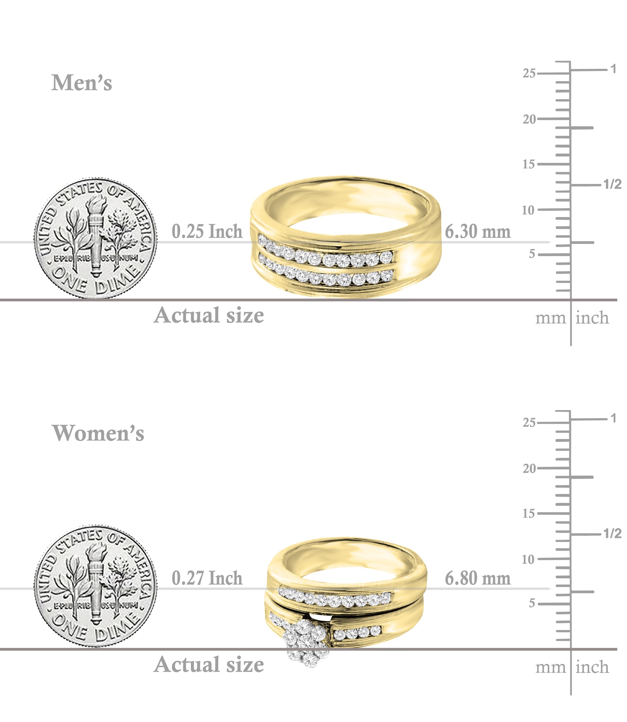 Dazzlingrock Collection 0.95 Carat Round White Diamond Flower Cluster Trio Ring Set for Women & Men in 14K Yellow Gold, W-7 and M-10