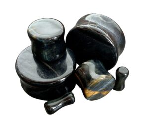 lobal domination pair of blue tiger eye organic stone plugs gauges - up to 25mm available! (0g (8mm))