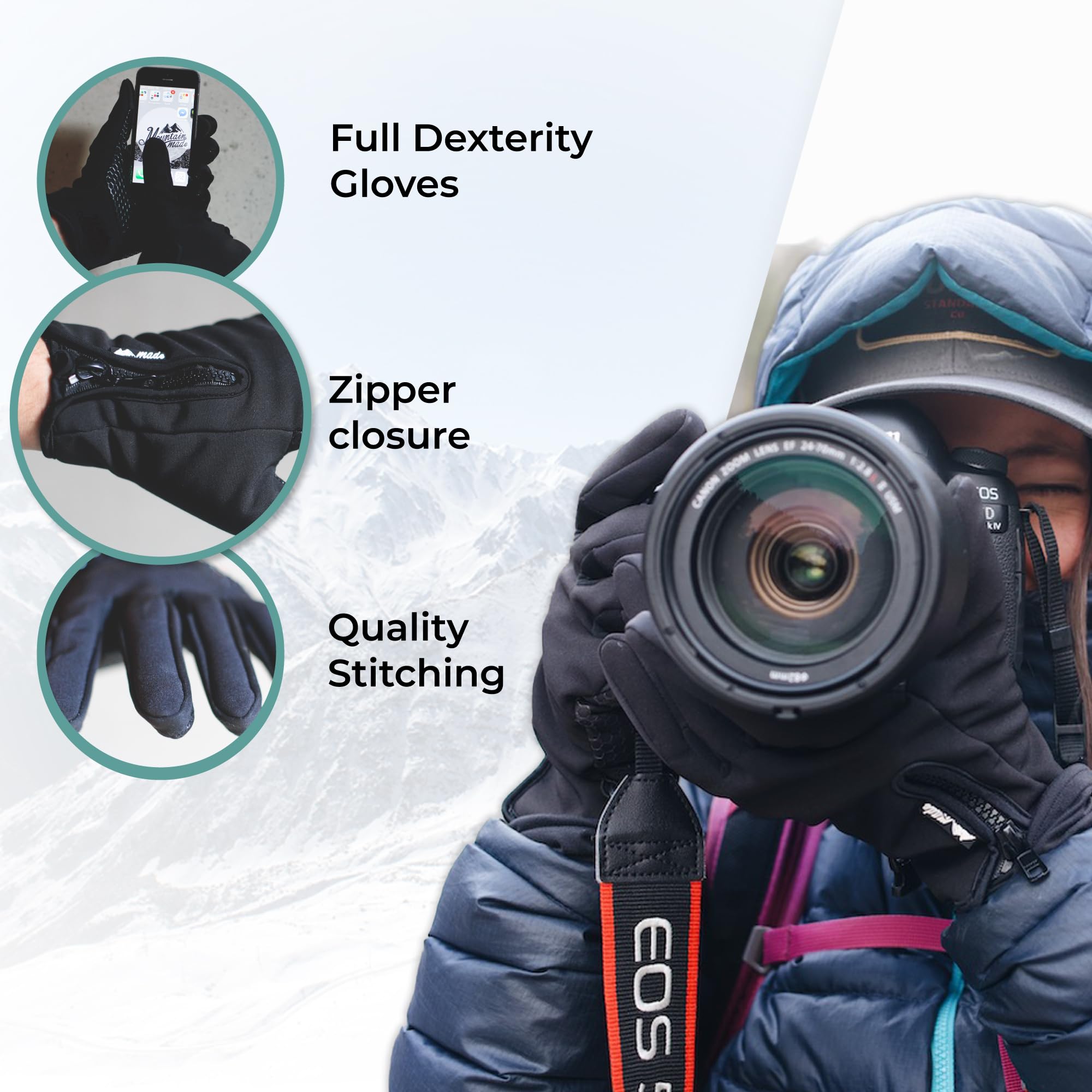 Mountain Made Cold Weather Gloves for Men and Women 2.0 with NEW UPGRADED ZIPPPERS,black,large