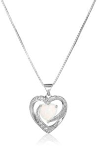 amazon essentials womens sterling silver created opal and white sapphire open heart pendant necklace, 18" (previously amazon collection)