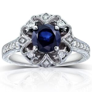 kobelli antique style round blue sapphire and diamond vintage style engagement ring 1 1/2 carat (ctw) in 14k white gold, size 9.5