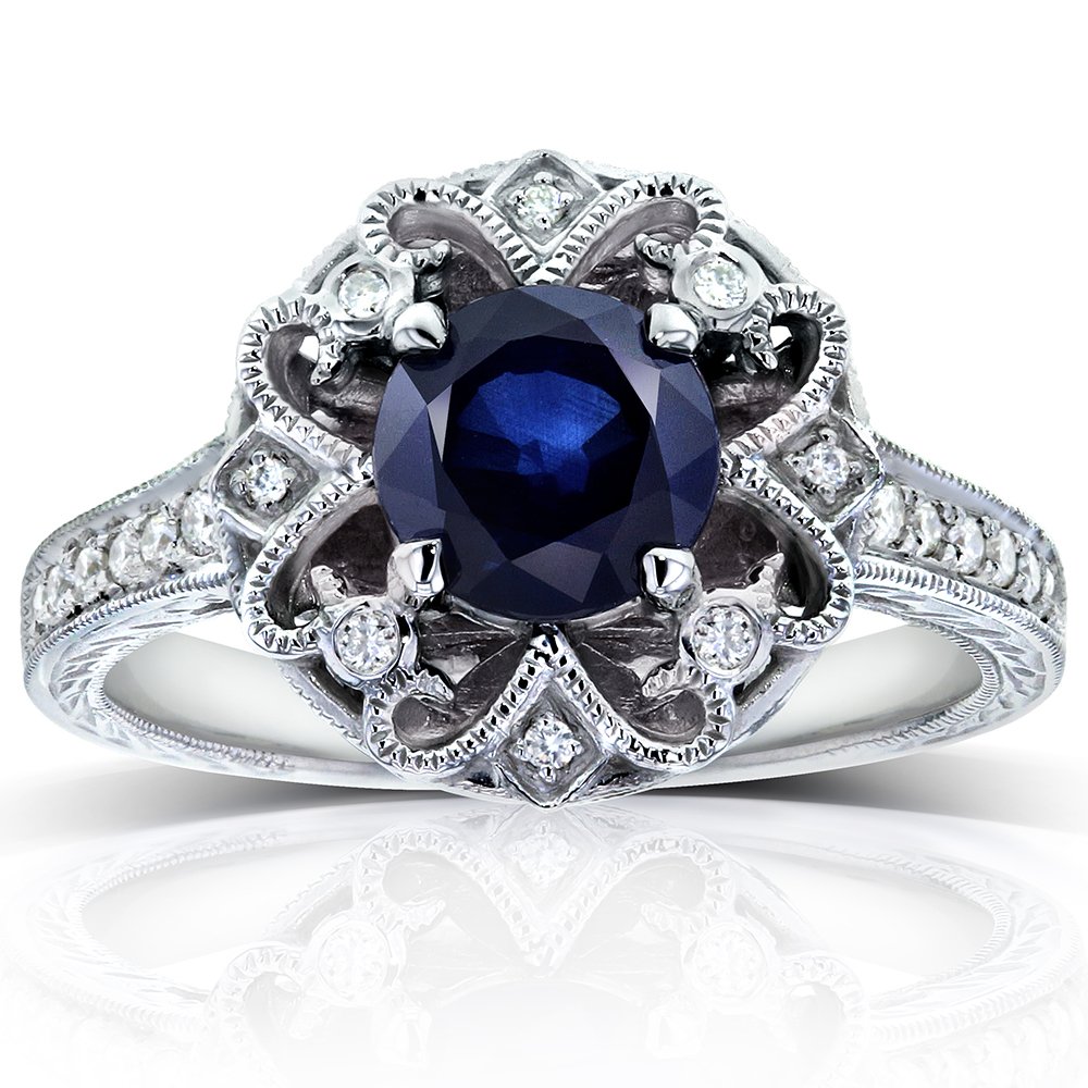 Kobelli Antique Style Round Blue Sapphire and Diamond Vintage Style Engagement Ring 1 1/2 Carat (ctw) in 14k White Gold, Size 9.5