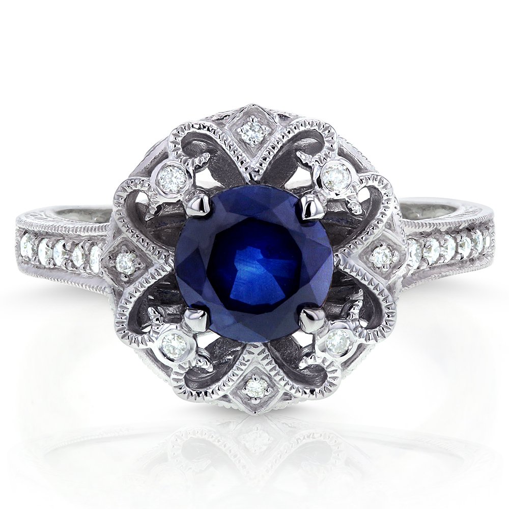 Kobelli Antique Style Round Blue Sapphire and Diamond Vintage Style Engagement Ring 1 1/2 Carat (ctw) in 14k White Gold, Size 9.5