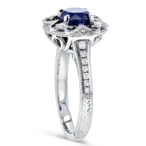 Kobelli Antique Style Round Blue Sapphire and Diamond Vintage Style Engagement Ring 1 1/2 Carat (ctw) in 14k White Gold, Size 9.5