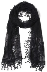 women's lightweight feminine lace teardrop fringe lace scarf vintage scarf mesh crochet tassel cotton scarf for women,one size,black