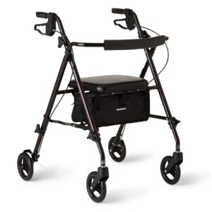 medline superlight folding aluminum mobility rollator walker, black, 250 lb. weight capacity, 6" wheels, adjustable arms and seat, foldable rolling walker for seniors