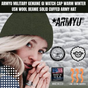 ARMYU Military Genuine GI Watch Cap Warm Winter USN Wool Beanie Solid Cuffed Army Hat (Black)