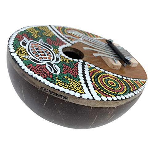 Kalimba Thumb Piano - 7 keys - Tunable - Coconut Shell - Sea Turtle Design by World Percussion USA (TM)