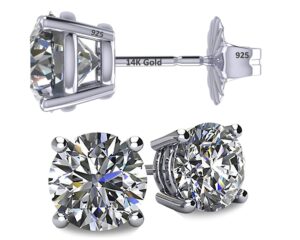 central diamond center 14k solid gold post & sterling silver 4 prong cz stud earrings - platinum plated - 5.50mm - 1.50cttw