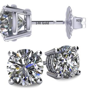 Central Diamond Center 14K Solid Gold Post & Sterling Silver 4 Prong CZ Stud Earrings - Platinum Plated - 5.50mm - 1.50cttw