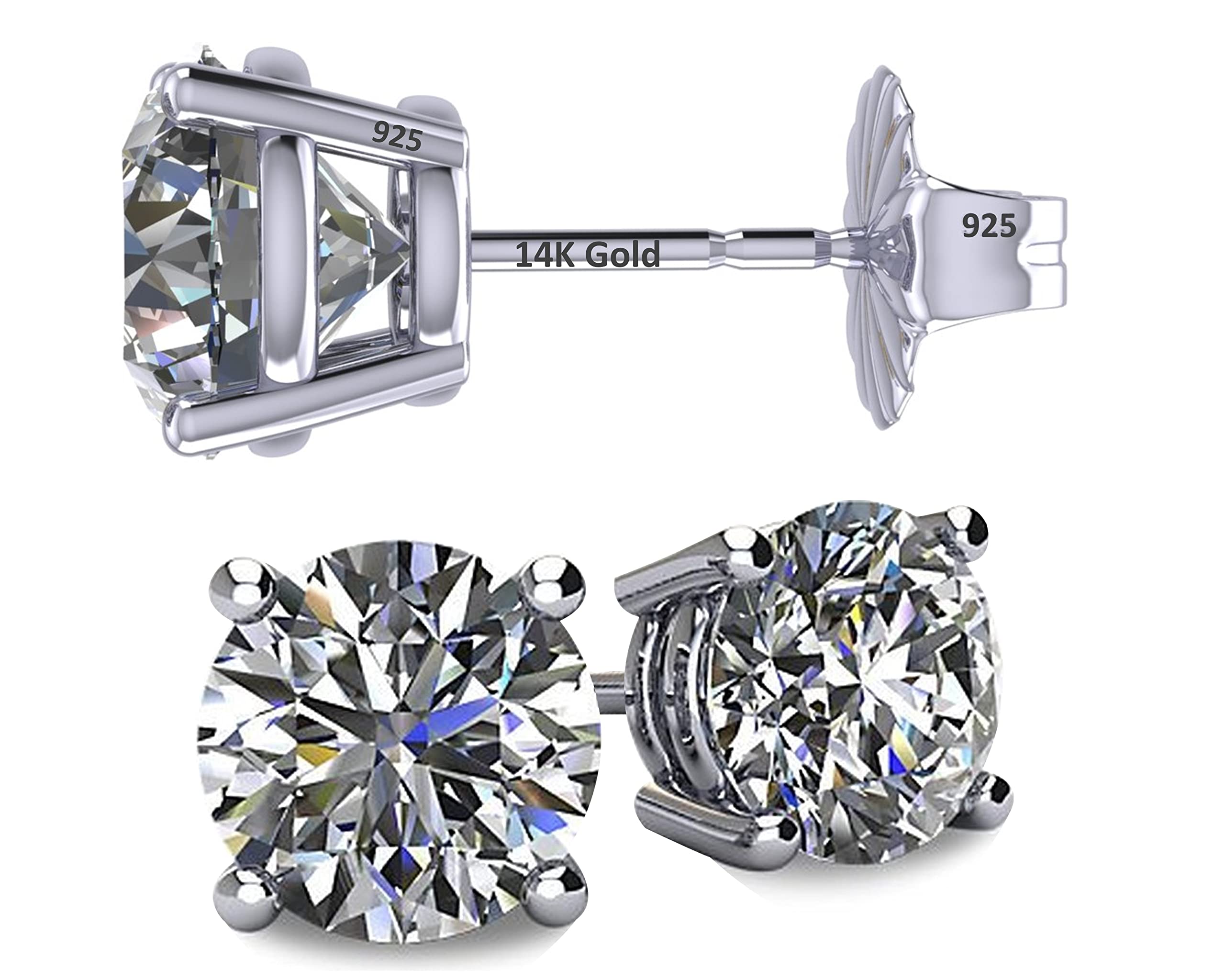 Central Diamond Center 14K Solid Gold Post & Sterling Silver 4 Prong CZ Stud Earrings - Platinum Plated - 5.50mm - 1.50cttw