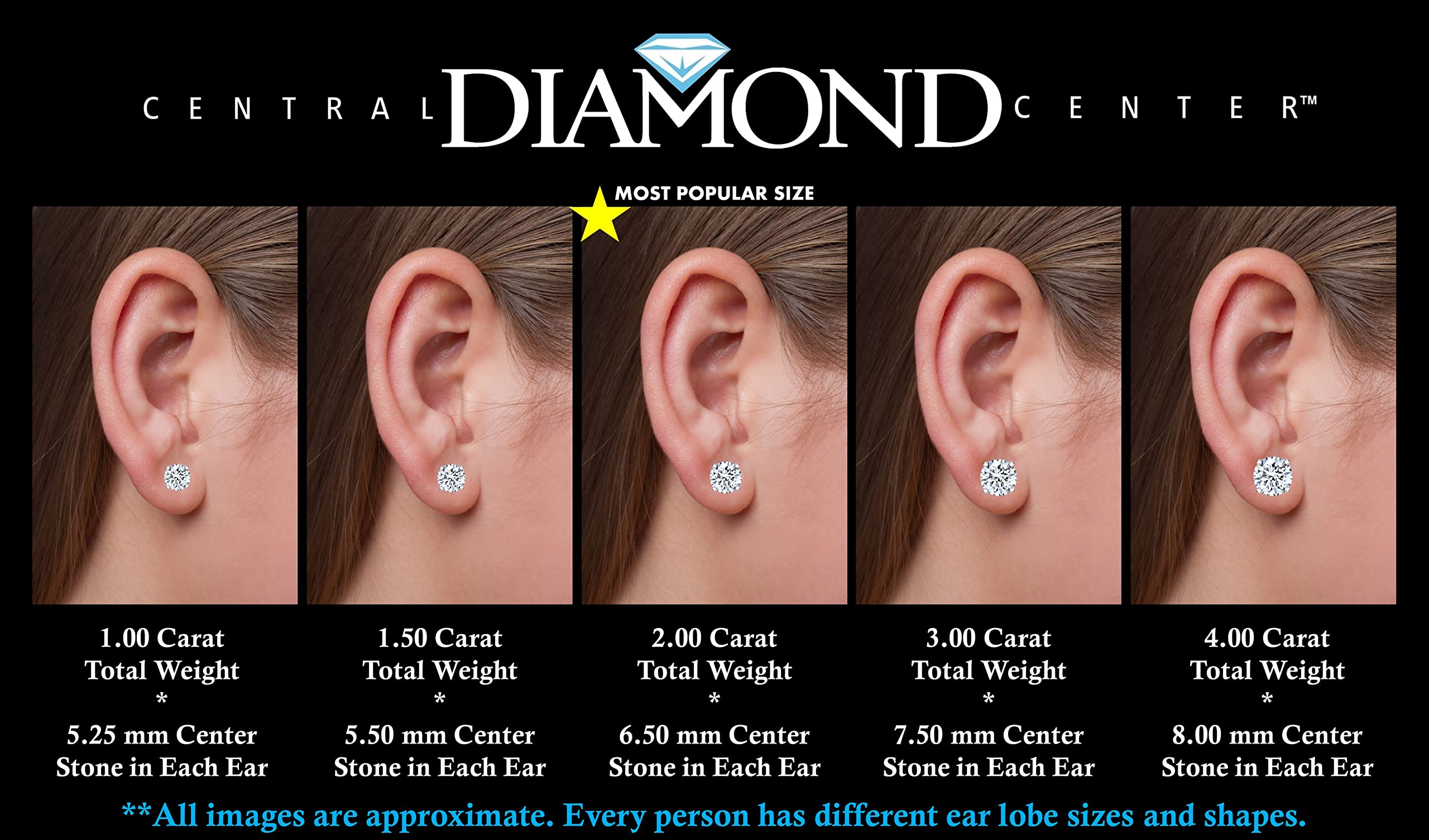 Central Diamond Center 14K Solid Gold Post & Sterling Silver 4 Prong CZ Stud Earrings - Platinum Plated - 5.50mm - 1.50cttw