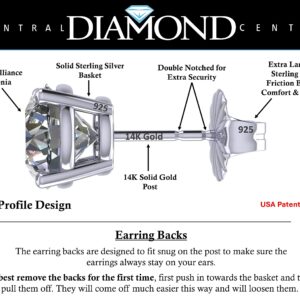 Central Diamond Center 14K Solid Gold Post & Sterling Silver 4 Prong CZ Stud Earrings - Platinum Plated - 5.50mm - 1.50cttw