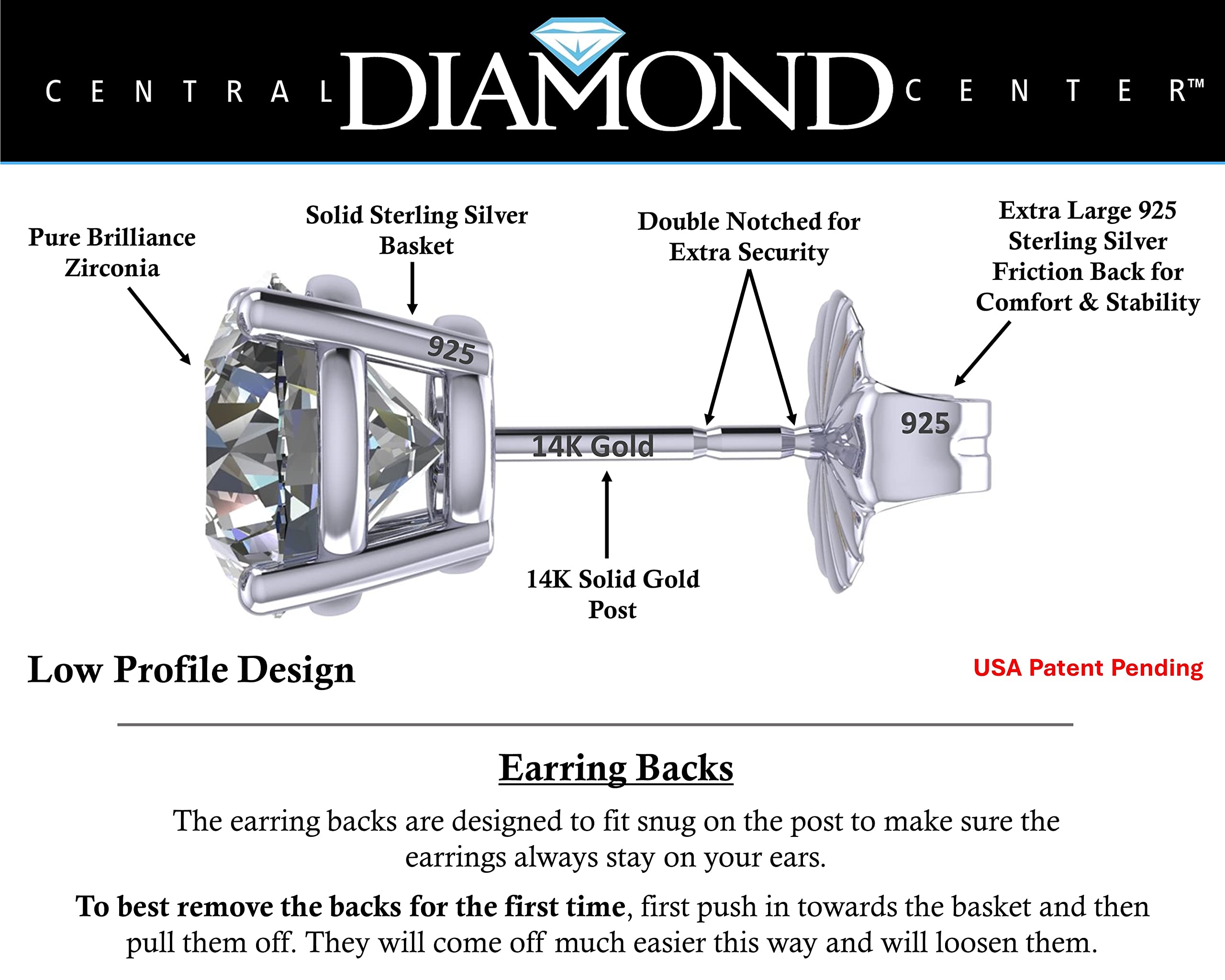 Central Diamond Center 14K Solid Gold Post & Sterling Silver 4 Prong CZ Stud Earrings - Platinum Plated - 5.50mm - 1.50cttw