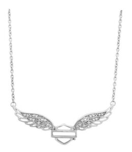 harley-davidson womens necklace, bar & shield crystal winged, silver hdn0288