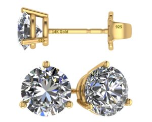 central diamond center 14k gold post & sterling silver zirconia 3 prong martini stud earrings- yellow gold plated 6.50mm 2.00ctw