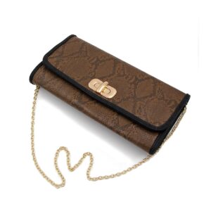 premium snakeskin pu leather turnlock flap handbag clutch bag, coffee