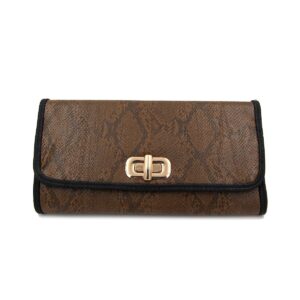 Premium Snakeskin PU Leather Turnlock Flap Handbag Clutch Bag, Coffee